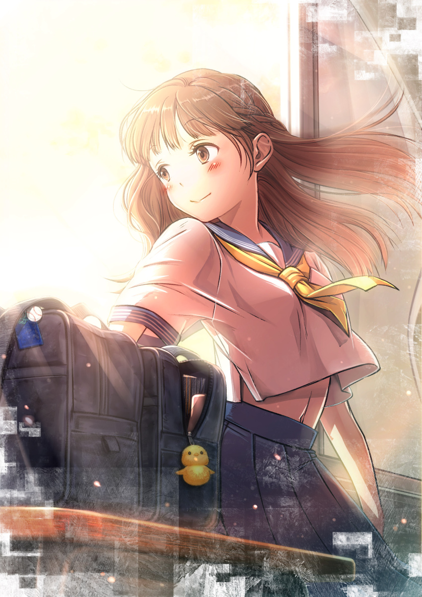 Safebooru - 1girl absurdres backlighting bag blush brown eyes brown hair desk hayosena highres ...