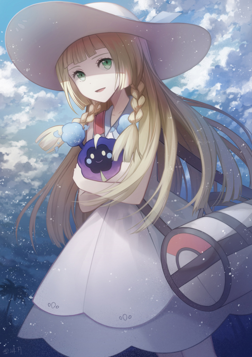 Safebooru - 1girl angel31424 blonde hair braid cosmog dress green eyes ...
