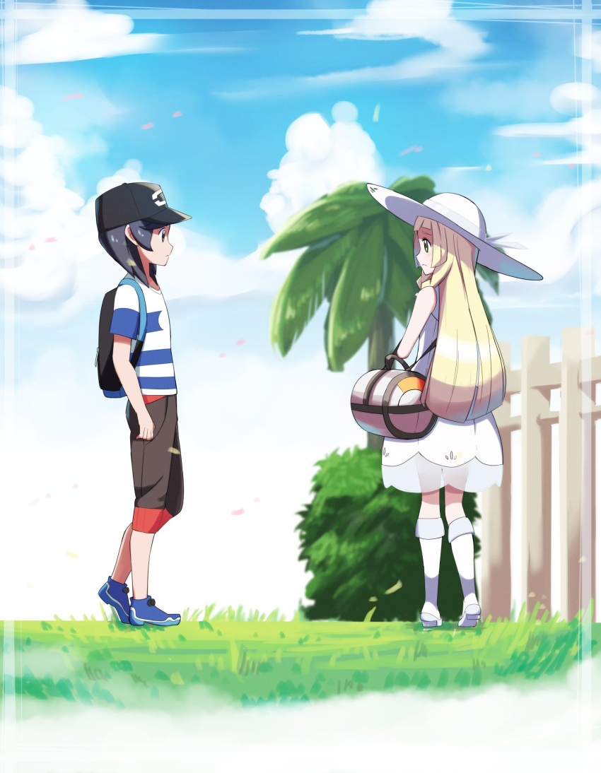 Safebooru - 1boy 1girl backpack bag baseball cap black hair blonde hair dress fence grass hat ...