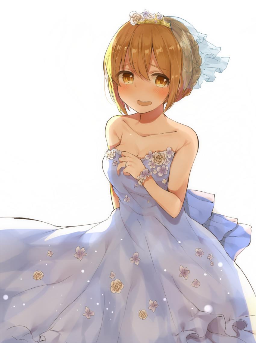 Safebooru - 1girl bare shoulders blush breasts bridal veil brown eyes brown hair cleavage ...