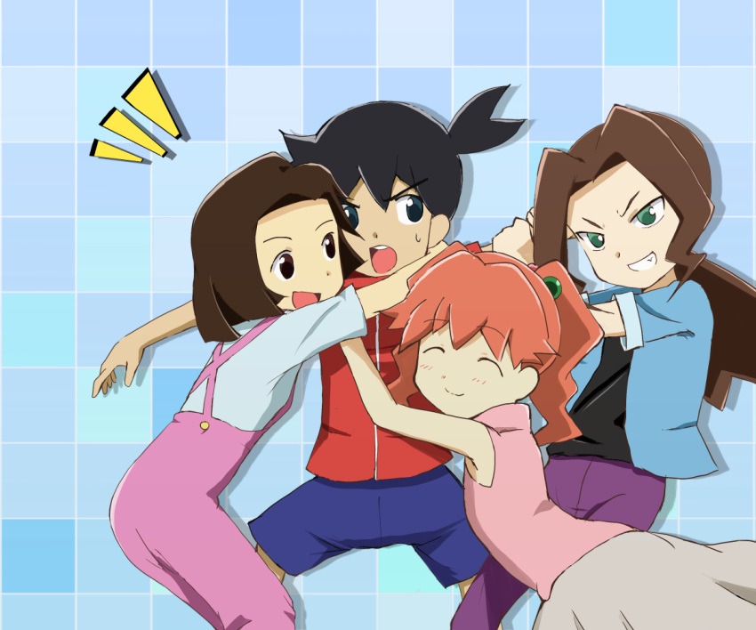 Safebooru - 1boy 3girls :d :o amazake arika arm grab black eyes black hair blush bob cut brown ...