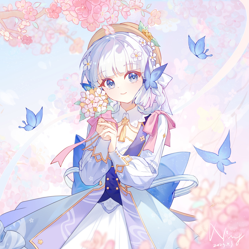 Safebooru - 1girl absurdres blue butterfly blue dress blue eyes blue hair blunt bangs bouquet ...