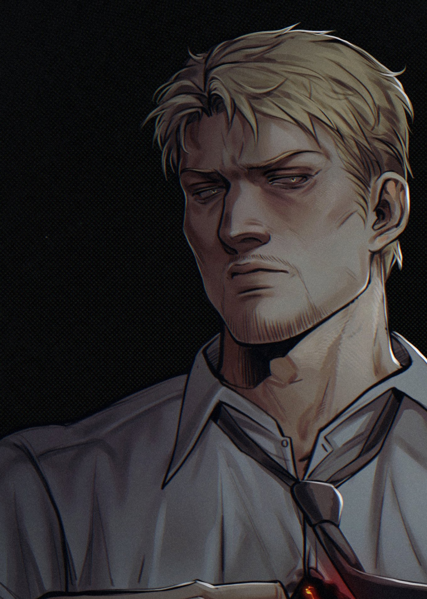 Safebooru - 1boy beard stubble black background black necktie blonde hair blood closed mouth ...