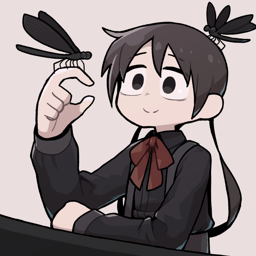 Safebooru - 1girl bags under eyes black shirt bow bowtie brown background brown hair bug closed ...