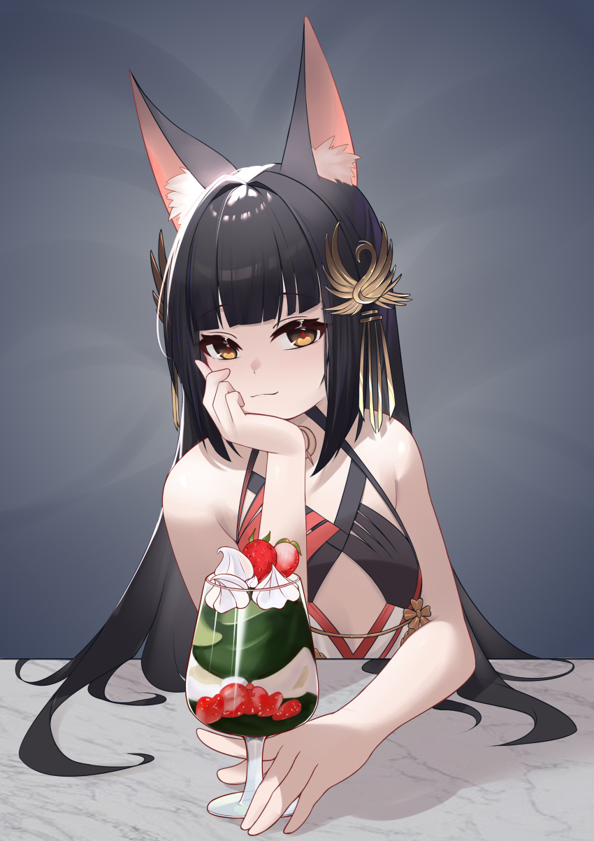 Safebooru - 1girl :3 absurdres animal ears arm support azur lane bare shoulders black hair blush ...