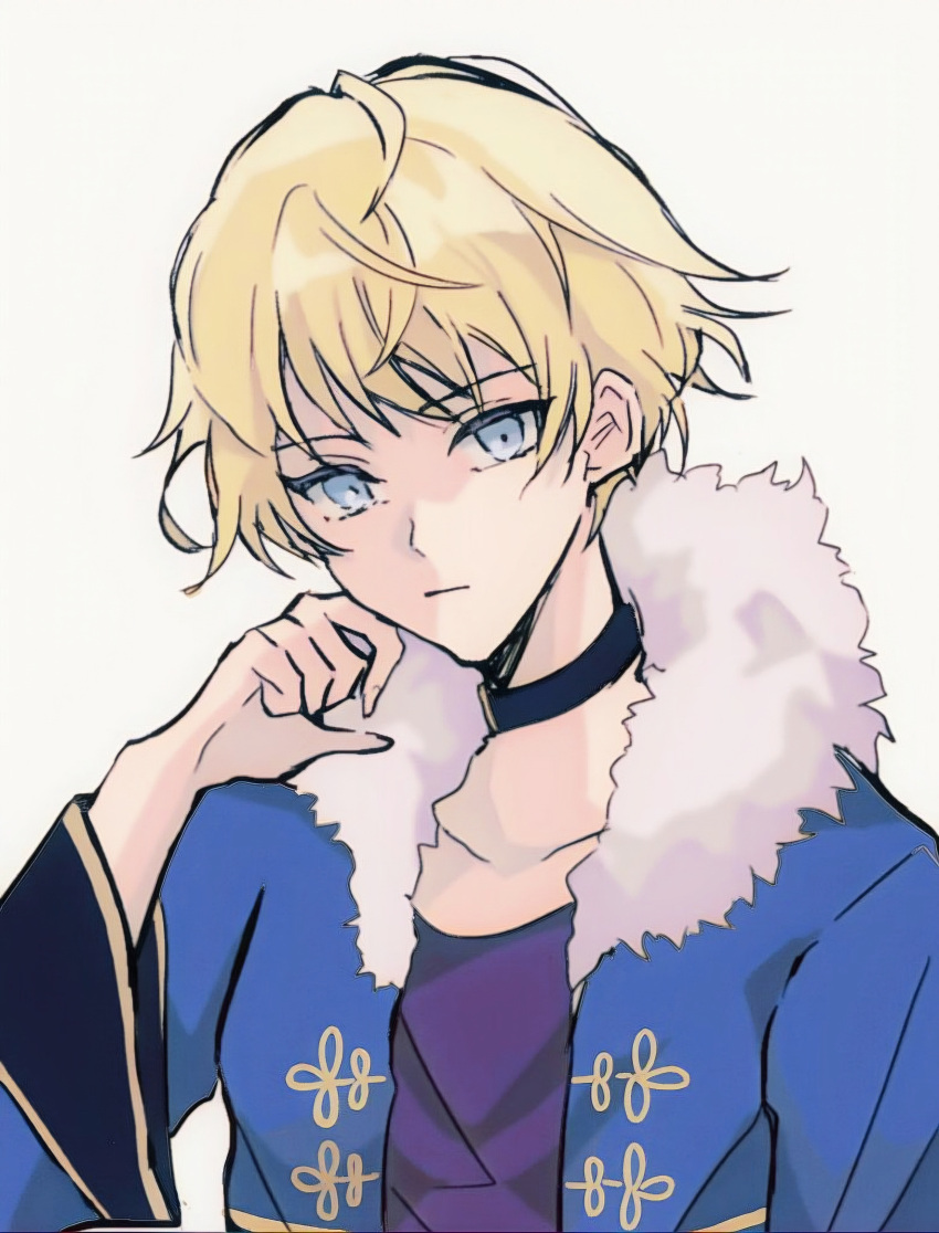 Safebooru - 1girl absurdres arm up black choker blonde hair blue eyes blue jacket choker closed ...