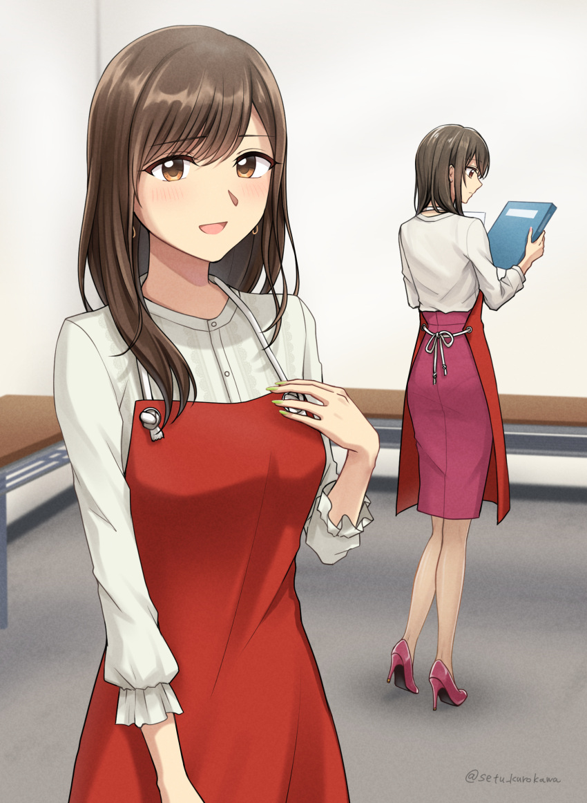 Safebooru - 2girls :d apron book brown eyes brown hair buttons commission hand up high heels ...