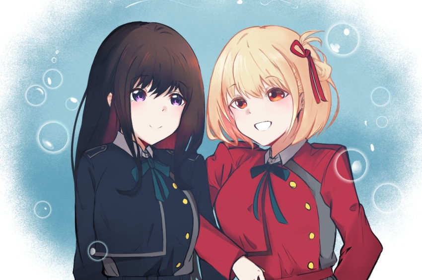 Safebooru - 2girls aw gozaru black hair blonde hair blue dress blue ribbon bob cut bubble ...