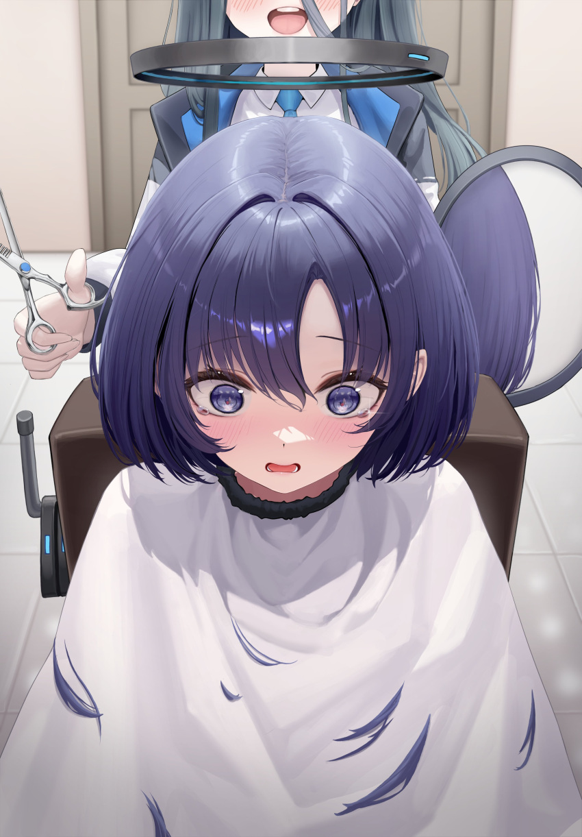 Safebooru - 2girls absurdres alternate hairstyle aris (blue archive) barber cape black hair blue ...