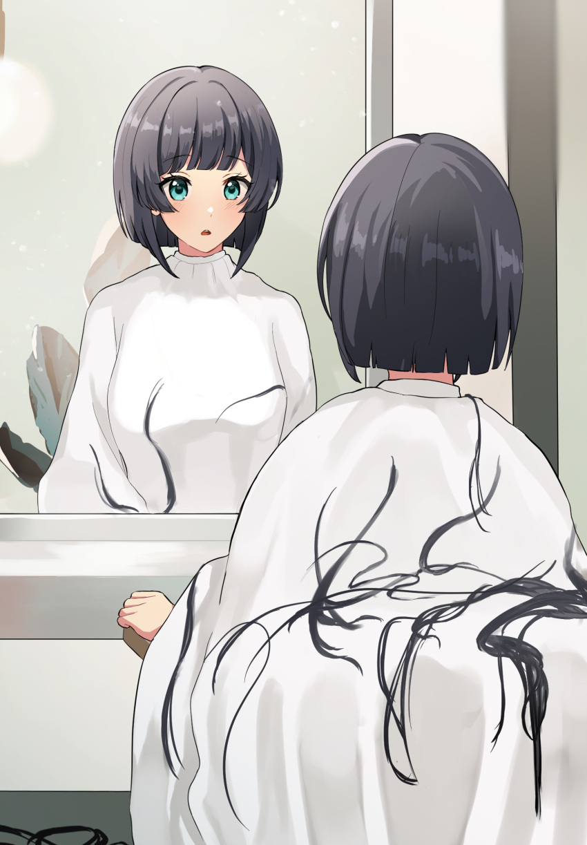 Safebooru - 1girl alternate hair length alternate hairstyle aqua eyes barber cape black hair ...