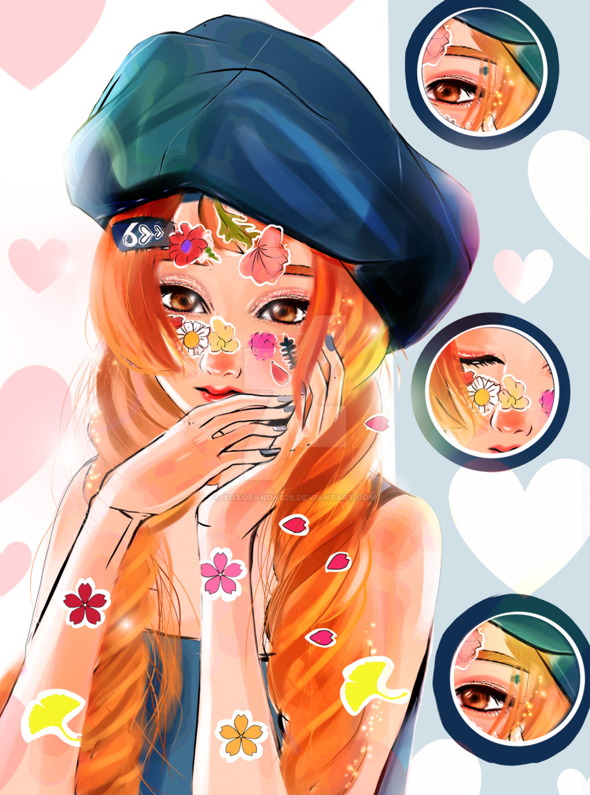 Safebooru - 1girl blue dress blue hat blue nails brown eyes closed eyes deviantart logo dress ...