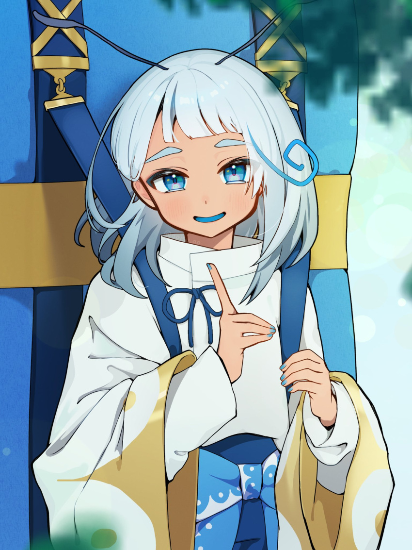 Safebooru - 1girl aoisu ao blue bow blue eyes blue hair blue nails blurry blurry foreground bow ...