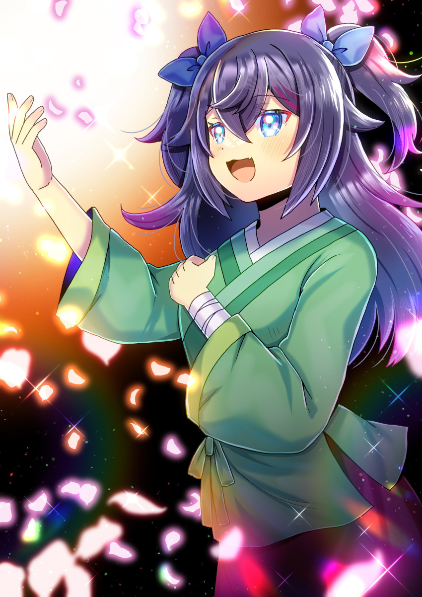 Safebooru - 1girl :d absurdres arm up bandaged arm bandages black hair black skirt blue eyes ...