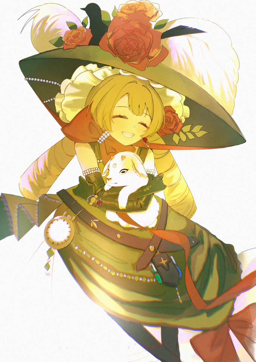 Safebooru - 1girl ^ ^ absurdres animal animal hug bare shoulders belt belt pouch blonde hair bow ...