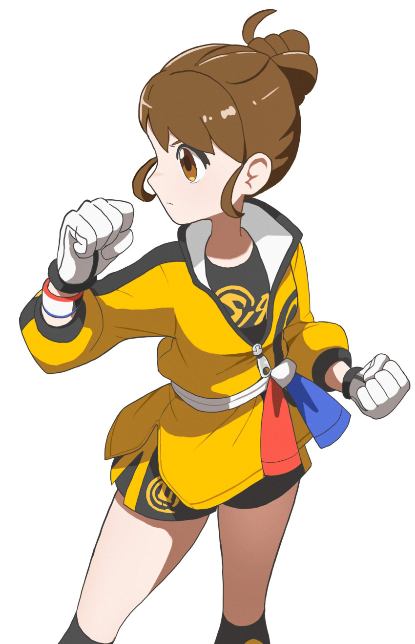 Safebooru - 1girl baeming black shorts brown eyes brown hair clenched ...