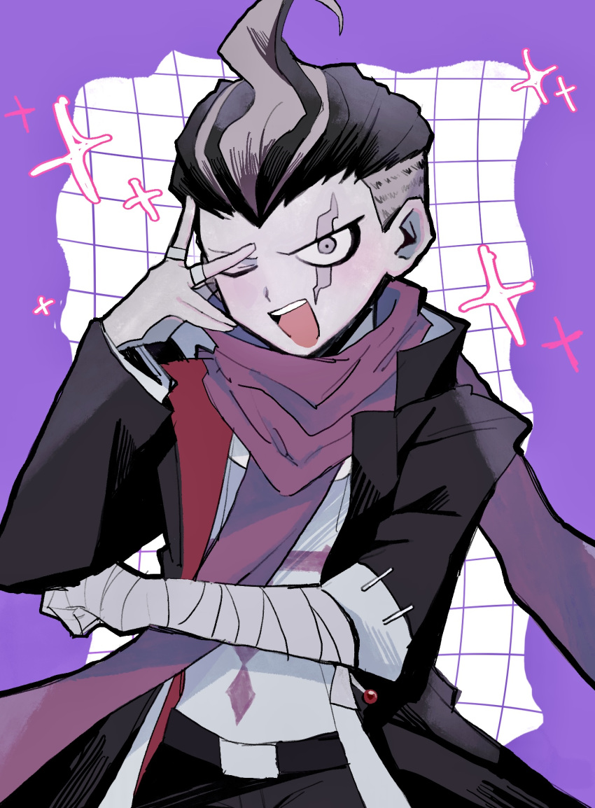 Safebooru - 1boy ;d bandaged arm bandages black hair black jacket black pants danganronpa ...