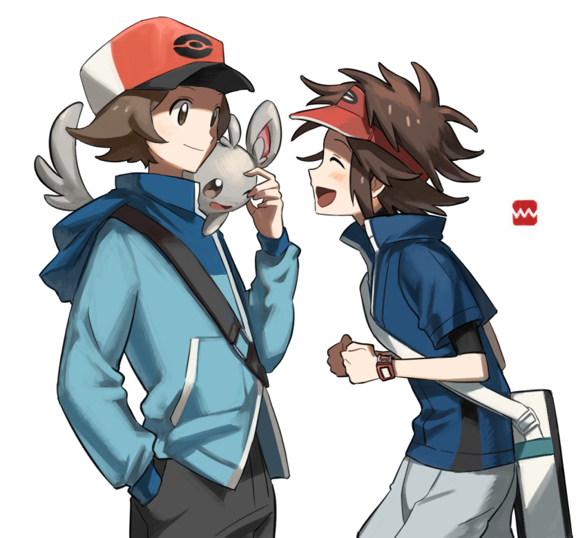 Safebooru - 2boys ^ ^ animal ears bag baseball cap black pants blue ...