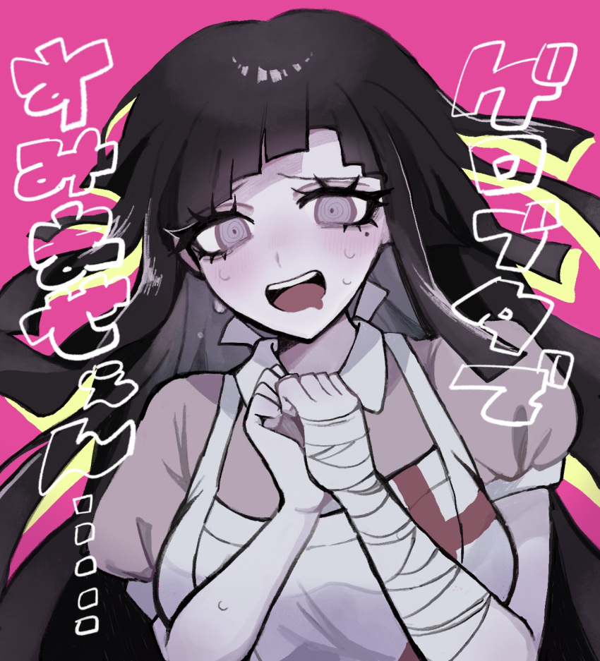 Safebooru - 1girl :d bandaged arm bandages black hair blush breasts collared shirt danganronpa ...
