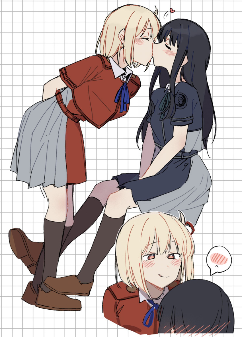 Safebooru - 2girls arms behind back black hair blonde hair blue dress blue ribbon blush brown ...
