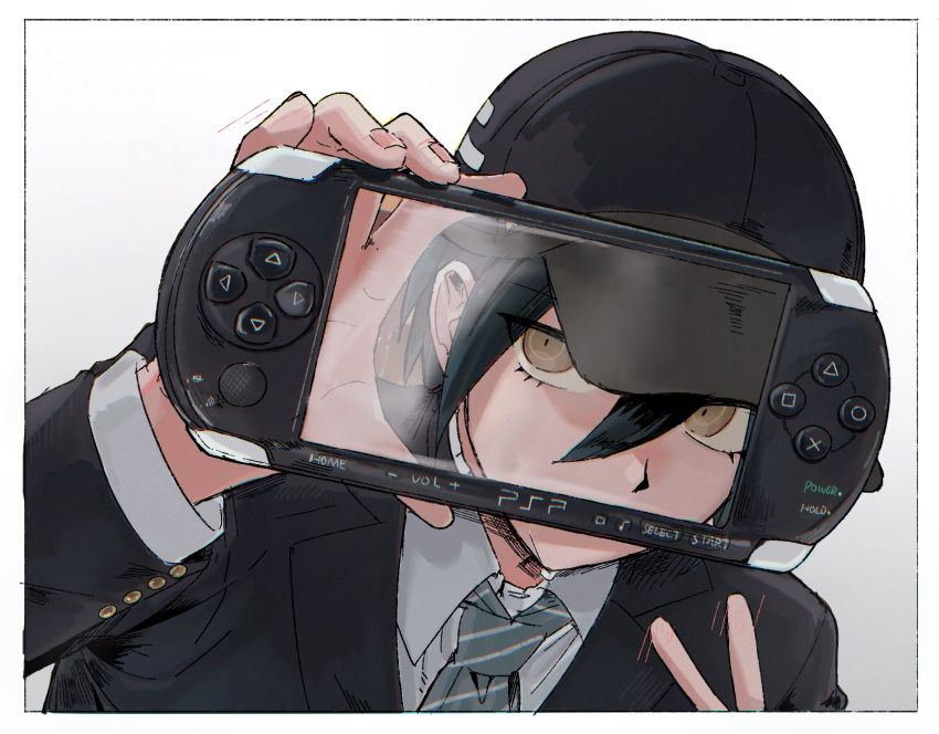 Safebooru - 1boy beluckylucky black hair black hat black jacket blue necktie border brown eyes ...