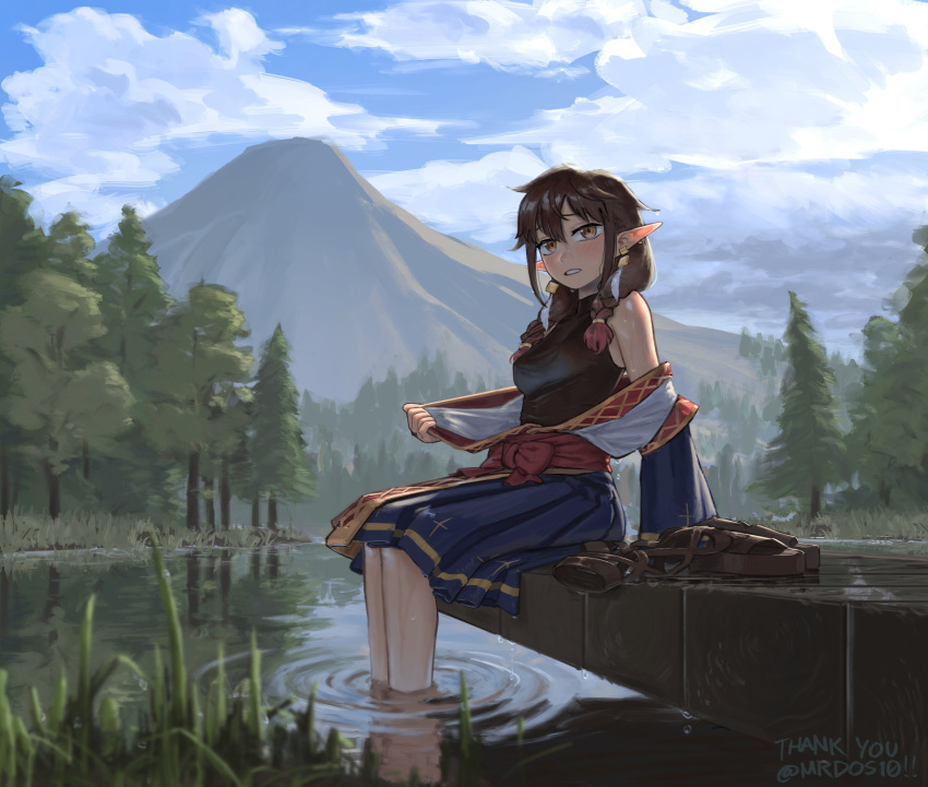Safebooru - 1girl absurdres blue skirt blue sky blurry blurry foreground blush braid brown hair ...