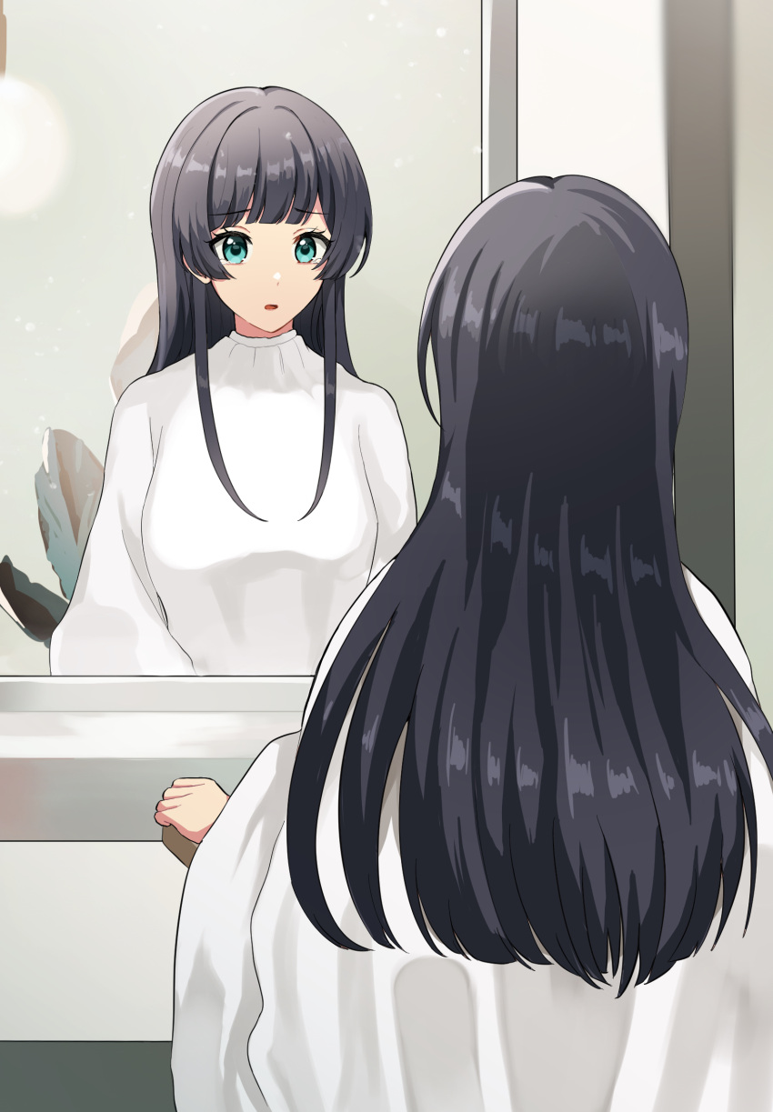 Safebooru - 1girl aqua eyes barber cape black hair commission d4dj from behind front and back ...