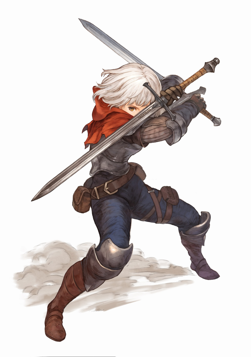 Safebooru - 1girl belt blue pants brown belt brown footwear brown gloves dual wielding full body ...