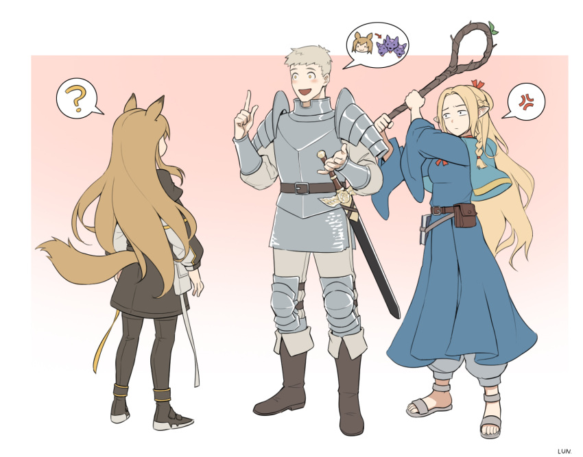 Safebooru - 1boy 2girls :d ? anger vein animal ears arknights arm up armor arrow (symbol) black ...