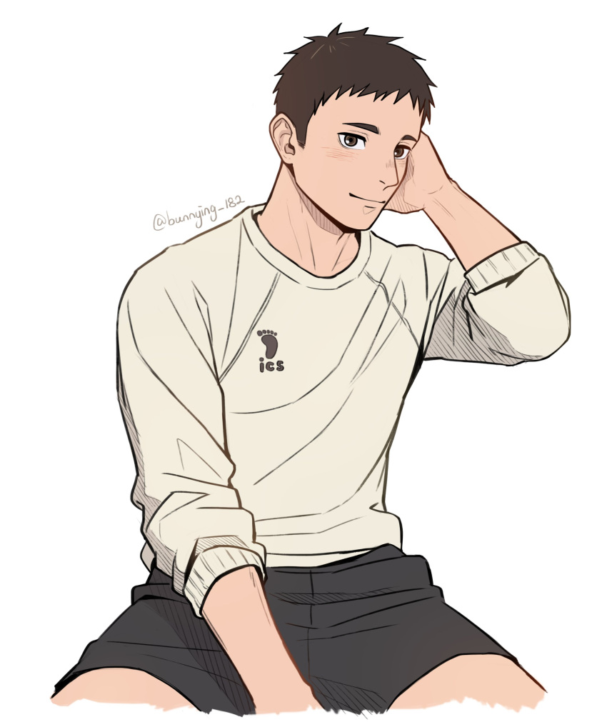 Safebooru - 1boy absurdres between legs black shorts blush brown eyes brown hair bunnying 182 ...