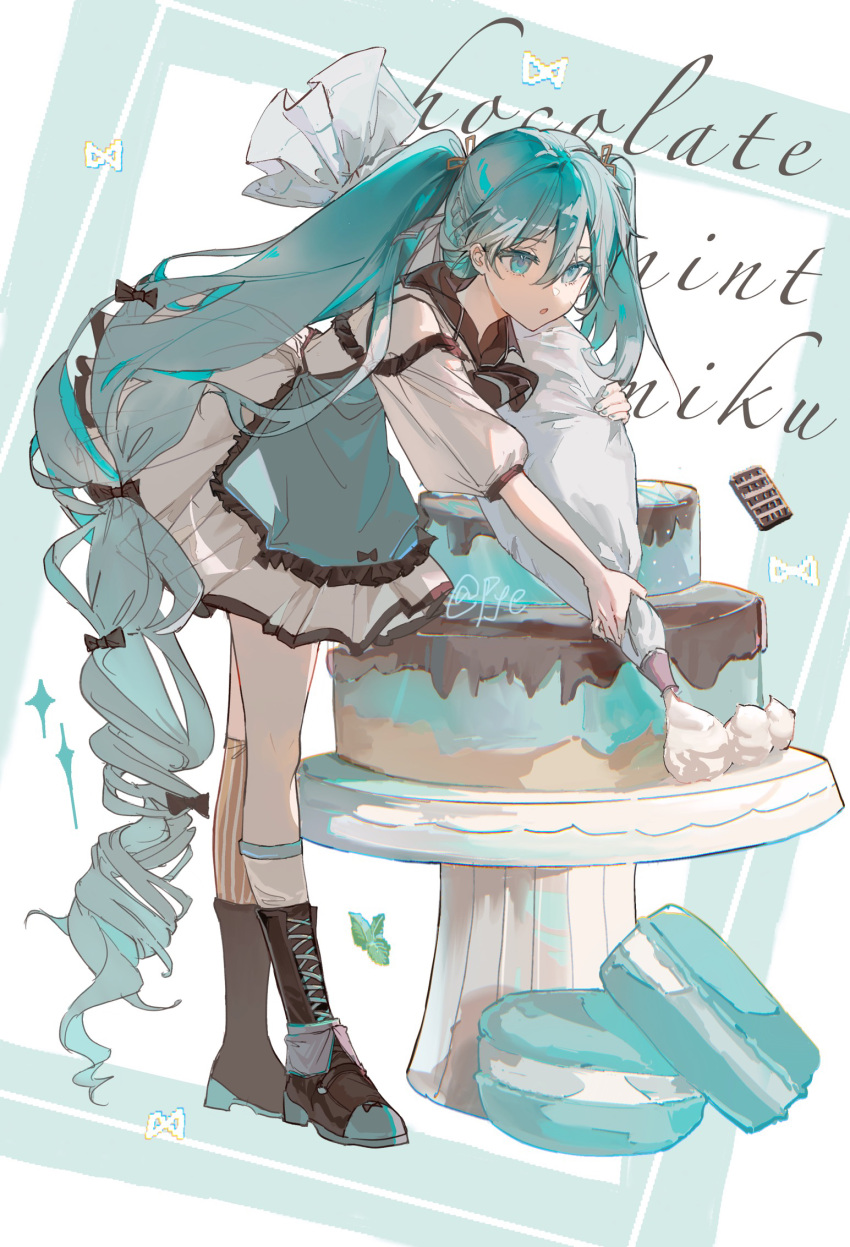 Safebooru - 1girl :o absurdly long hair aqua eyes aqua hair asymmetrical hair black footwear ...