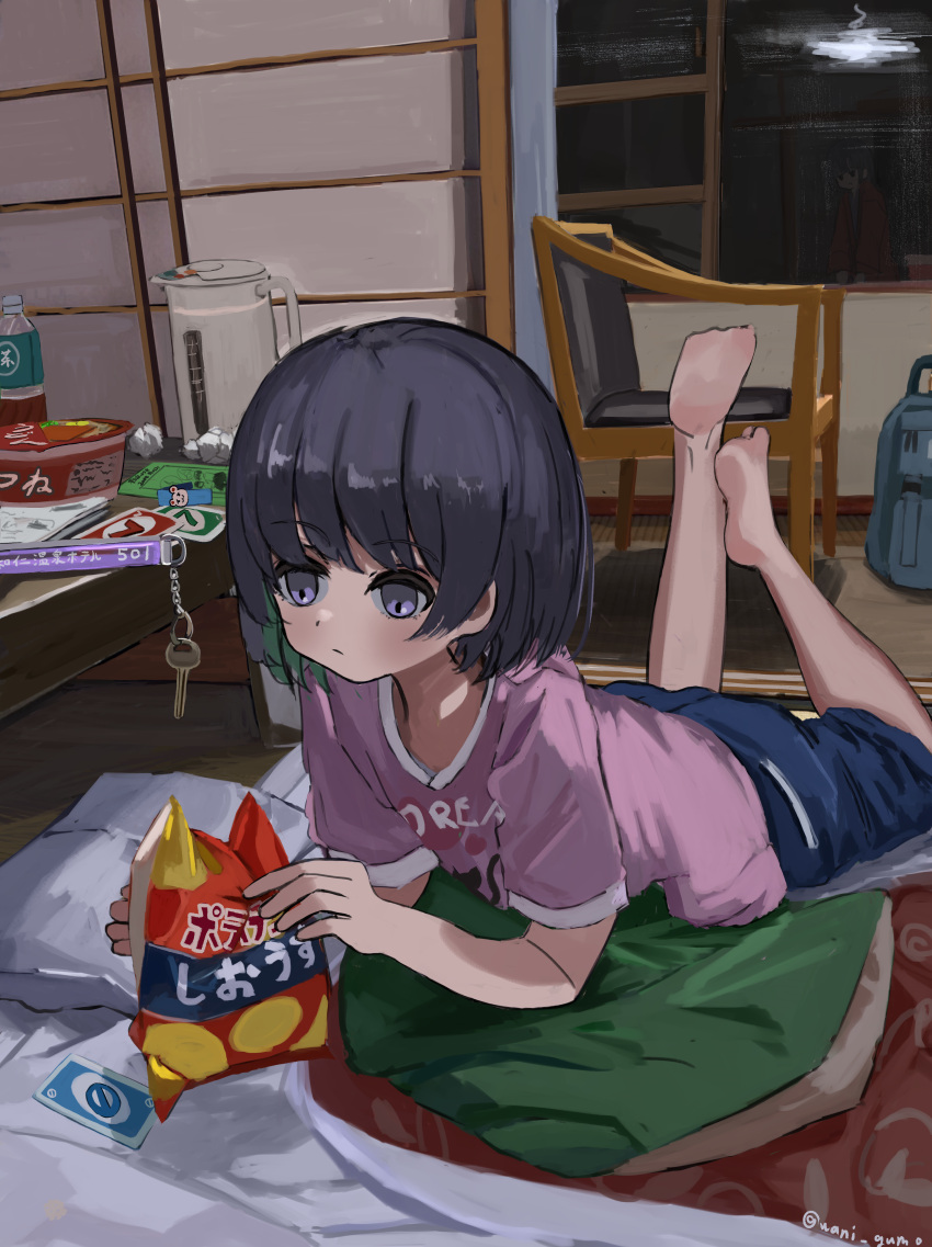 Safebooru - 2girls :/ absurdres backpack bag bag of chips barefoot blue ...