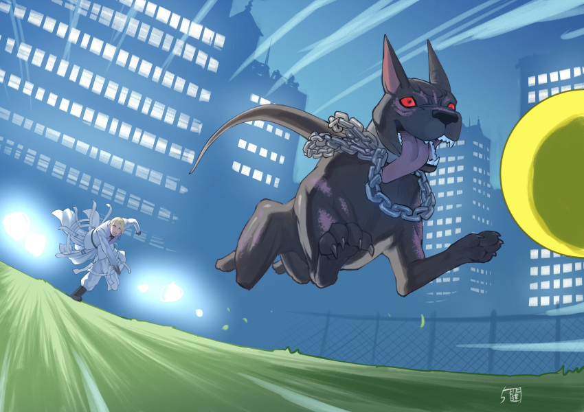 Safebooru - 1boy 5tatsu black fur blonde hair chain chain leash chasing ...