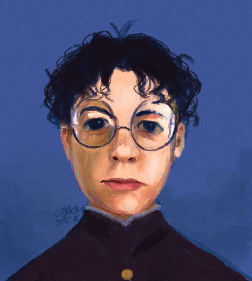 Safebooru - 1boy artist name black hair blue background closed mouth curly hair dandadan gakuran ...