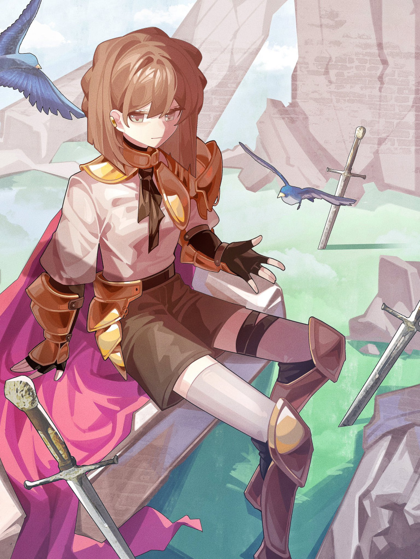 Safebooru - 1girl arm guards armor armored boots bird black gloves boots brown footwear brown ...