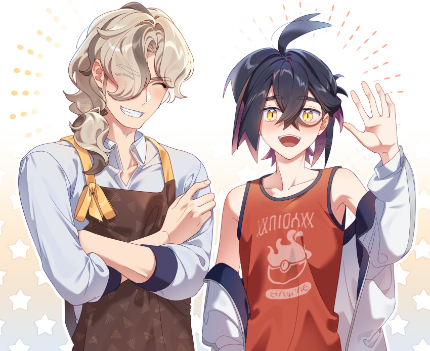 Safebooru - 2boys :d ^ ^ apron arven (pokemon) bare shoulders black ...