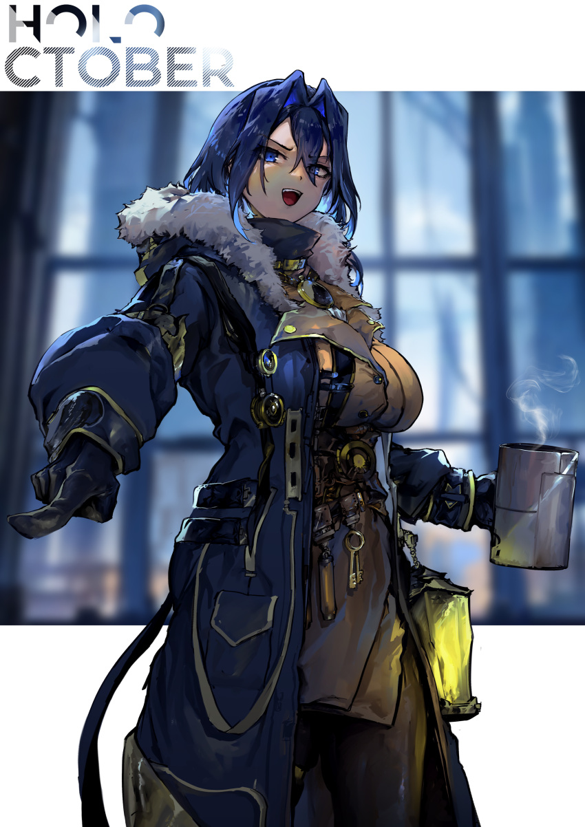 Safebooru - 1girl absurdres alternate costume black gloves blue coat blue eyes blue hair blurry ...