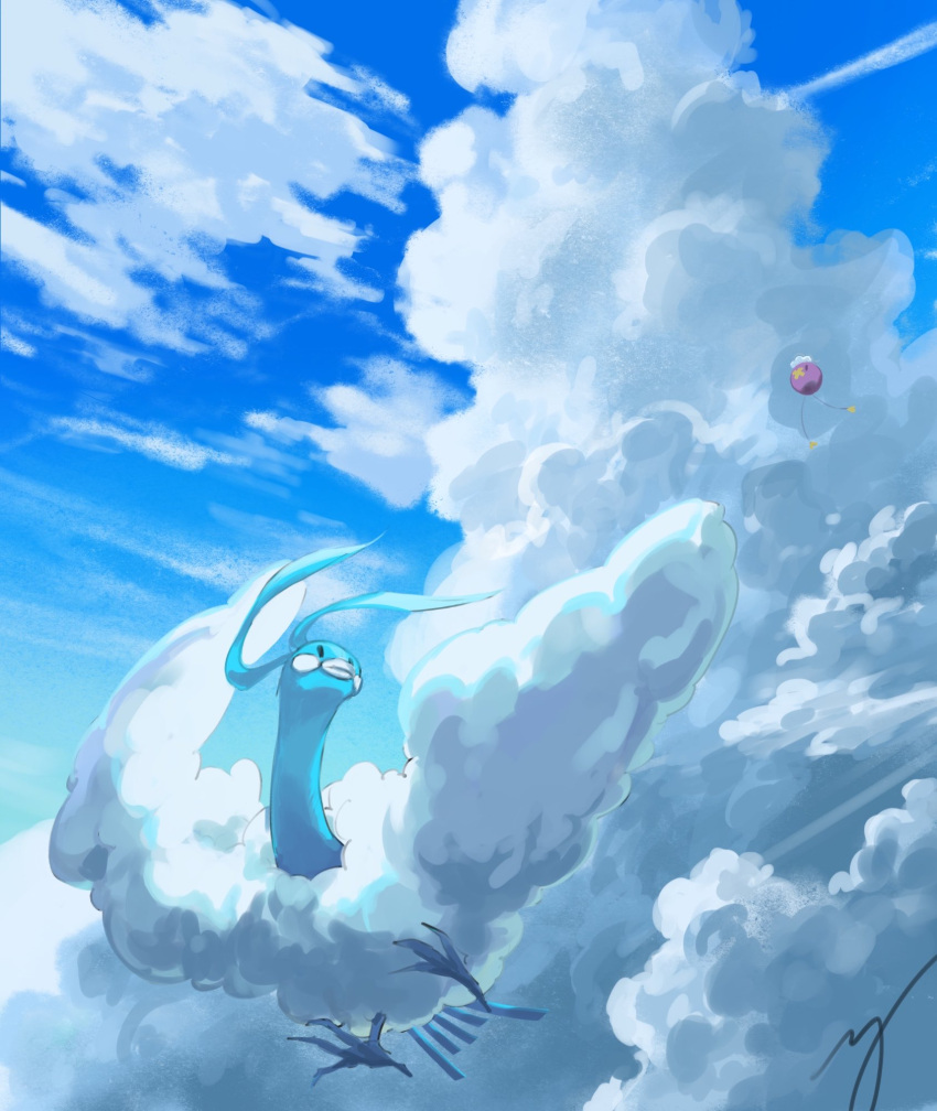 Safebooru - altaria black eyes closed mouth clouds commentary request day drifloon flying from ...