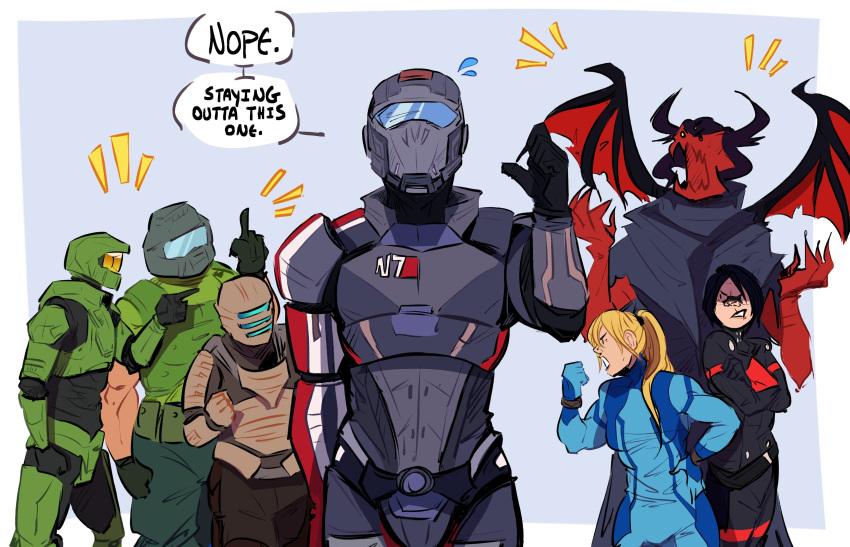 Safebooru - 1other 3boys 3girls absurdres android arguing armor assault ...
