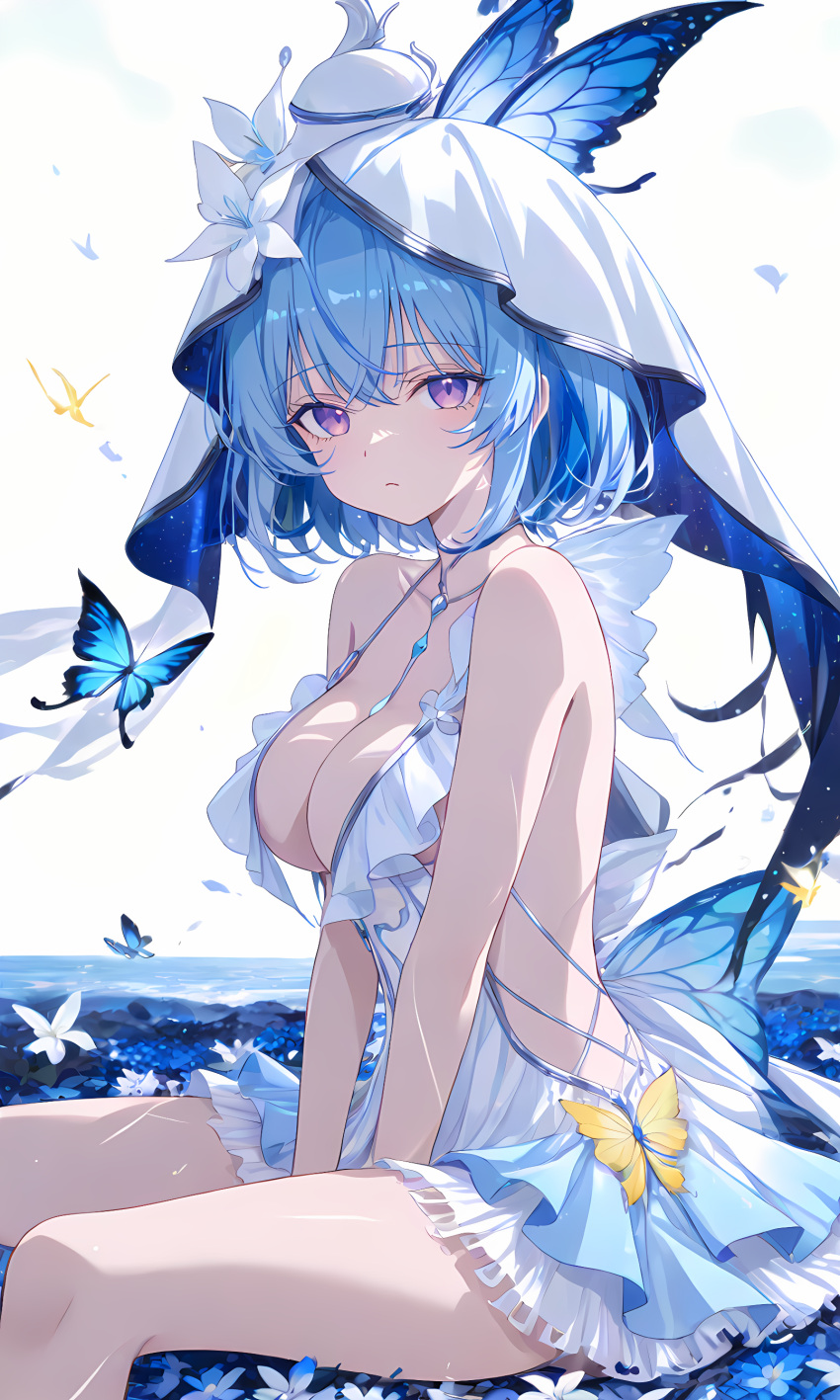 Safebooru - 1girl absurdres ai-assisted blue butterfly blue hair blue veil breasts bug butterfly ...
