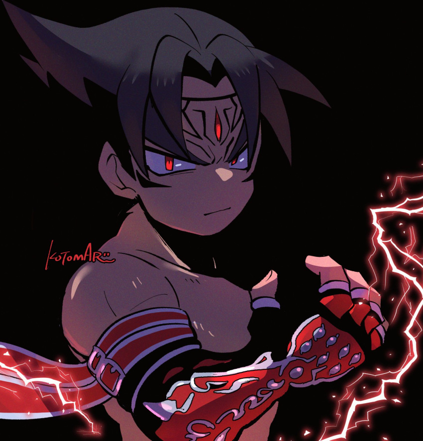 Safebooru - 1boy black background black hair closed mouth electricity fingerless gloves forehead ...