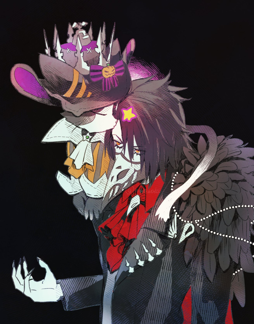 Safebooru - 1boy animal on shoulder ascot black background black fur ...