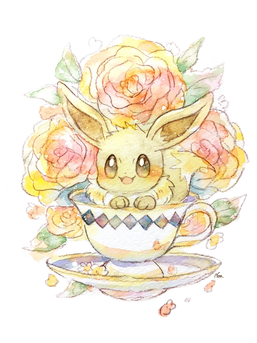 Safebooru - absurdres animal focus black eyes bright pupils cup eevee flower full body gloves ...