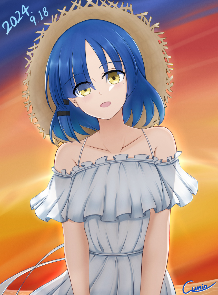 Safebooru - 1girl :d absurdres artist name blue hair bocchi the rock! collarbone cowboy shot ...