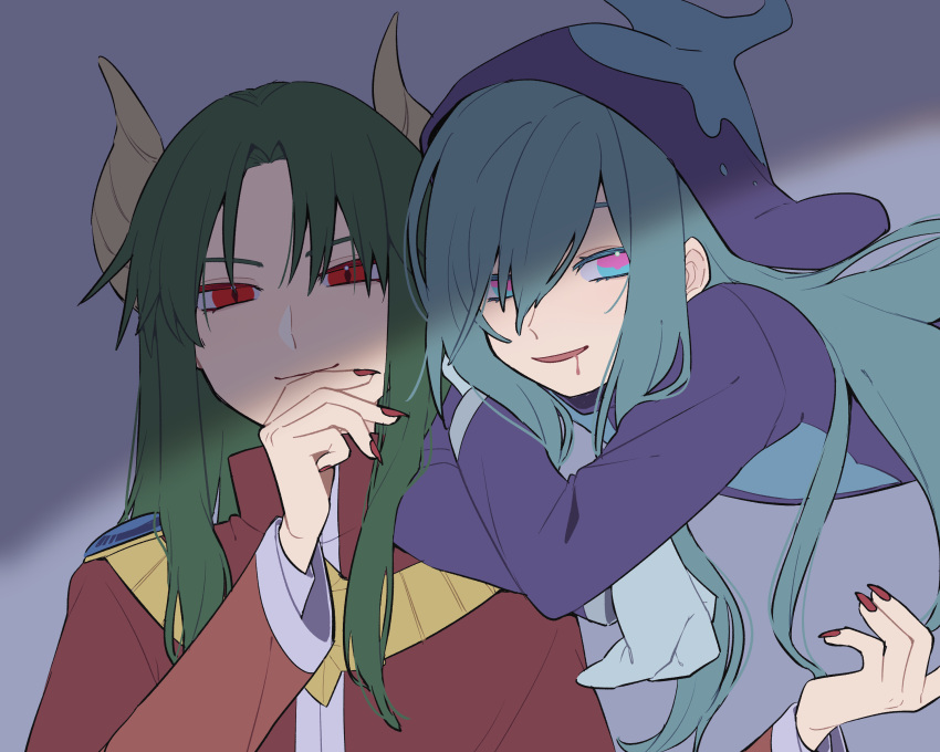 Safebooru - 2boys absurdres aqua eyes aqua hair demon horns drooling ...