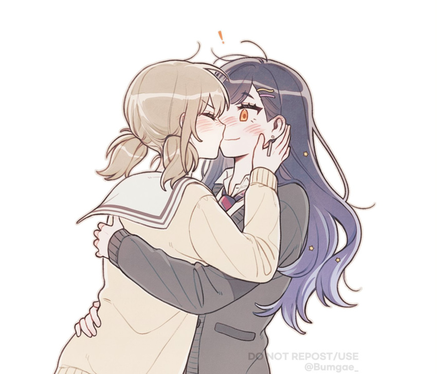 Safebooru - ! 2girls azusawa kohane black cardigan black hair blush bow bowtie brown hair ...