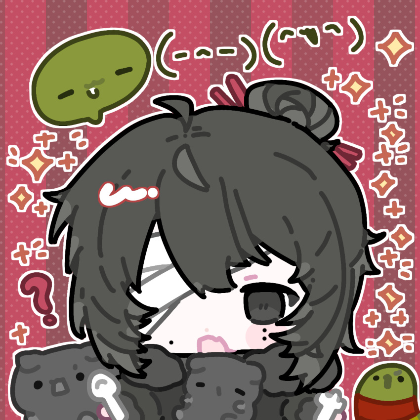 Safebooru - 1girl ? ahoge bandage over one eye black eyes black hair black jacket blush stickers ...