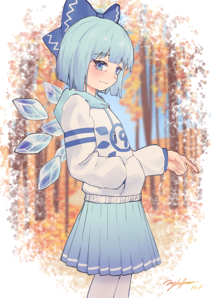 Safebooru - 1girl absurdres autumn leaves blue bow blue eyes blue hair blue skirt blue sky bow ...
