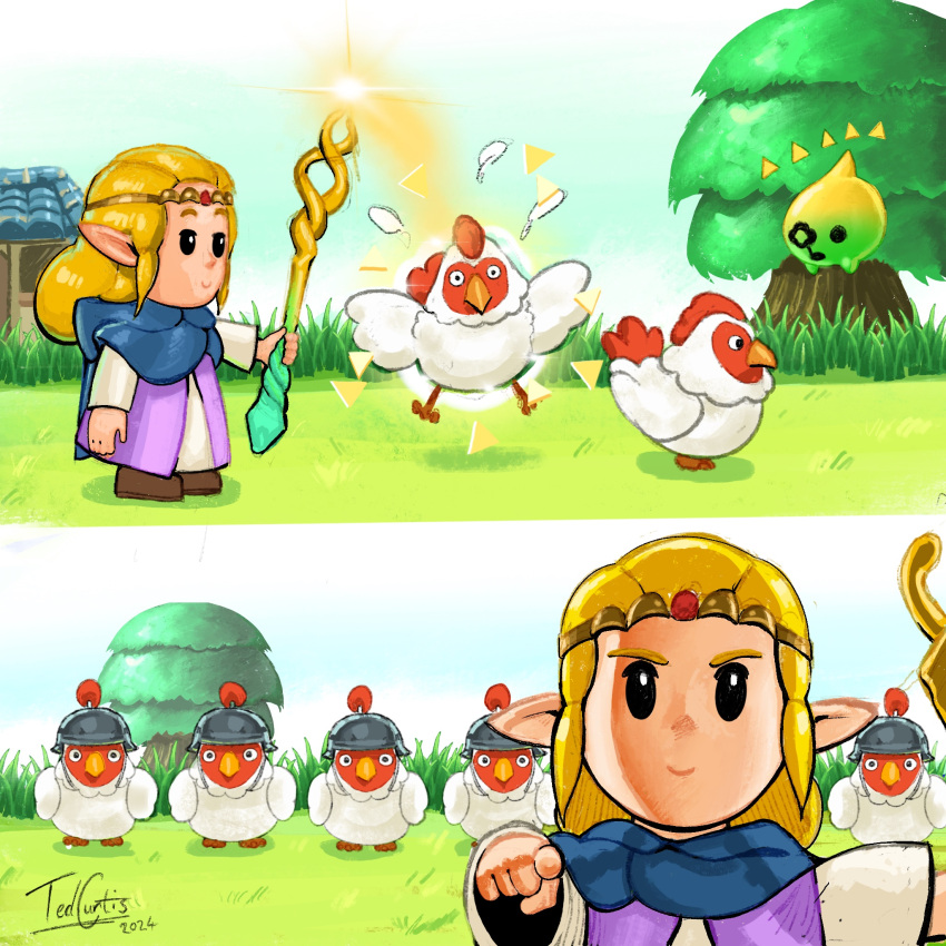 Safebooru - 1girl blonde hair cape cucco grass helmet highres pointing ...