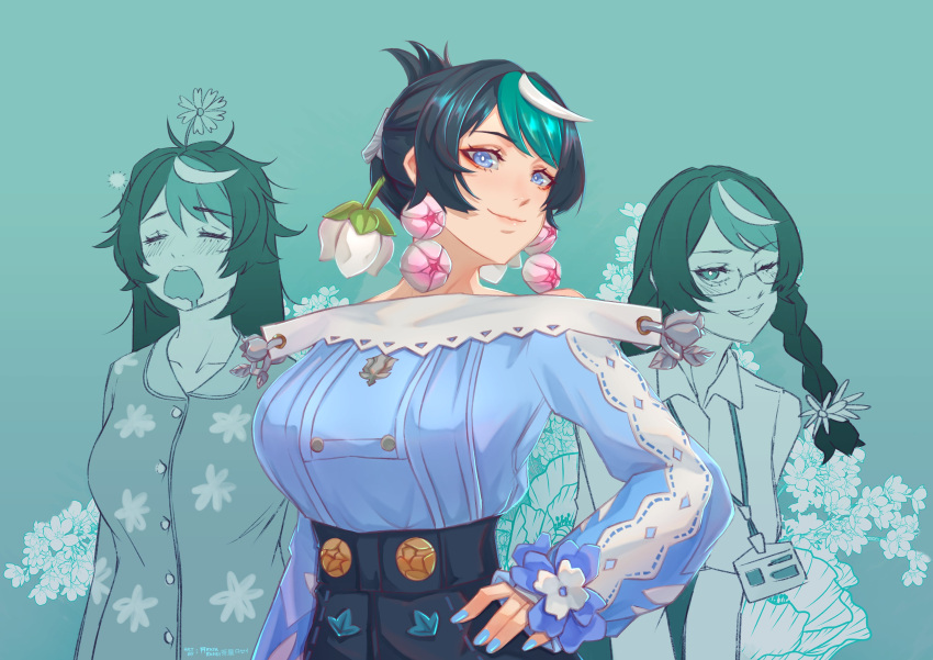 Safebooru - 1girl absurdres araya rosei blue eyes blue nails blue shirt ...