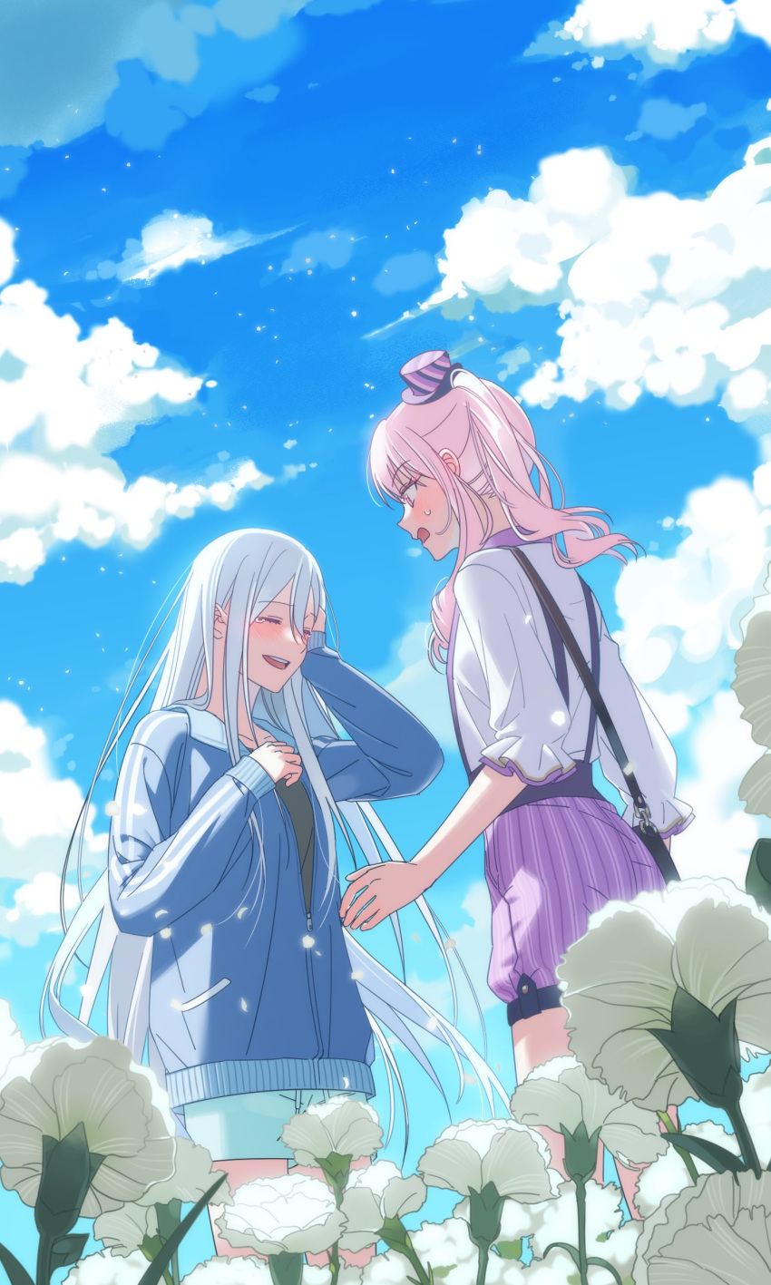 Safebooru - 1girl 1other absurdres akiyama mizuki androgynous bag black bag black shirt blue ...